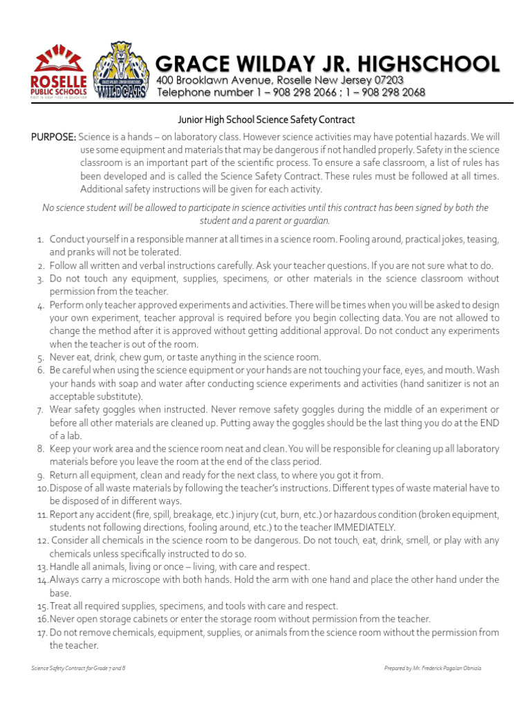 Junior High School Science Safety Contract | PDF | Laboratories