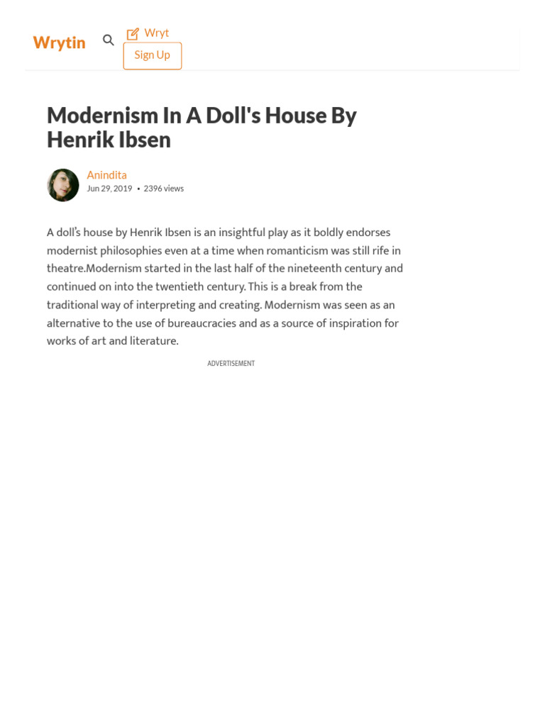 Modernism in A Doll's House by Henrik Ibsen - Wrytin | PDF | A Doll's ...