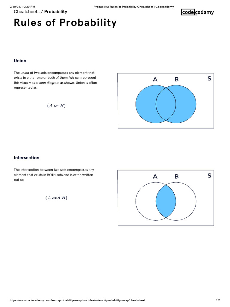 Probability - Rules of Probability Cheatsheet - Codecademy | PDF