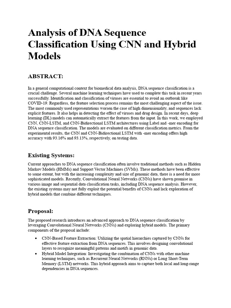 Analysis of DNA Sequence Classification Using CNN and Hybrid Models | PDF | Computers