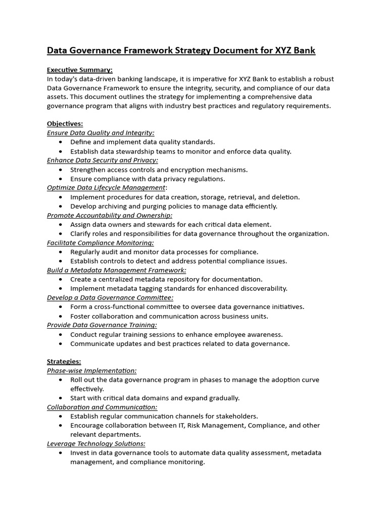 Data Governance Framework Strategy Document For Xyz Bank Pdf