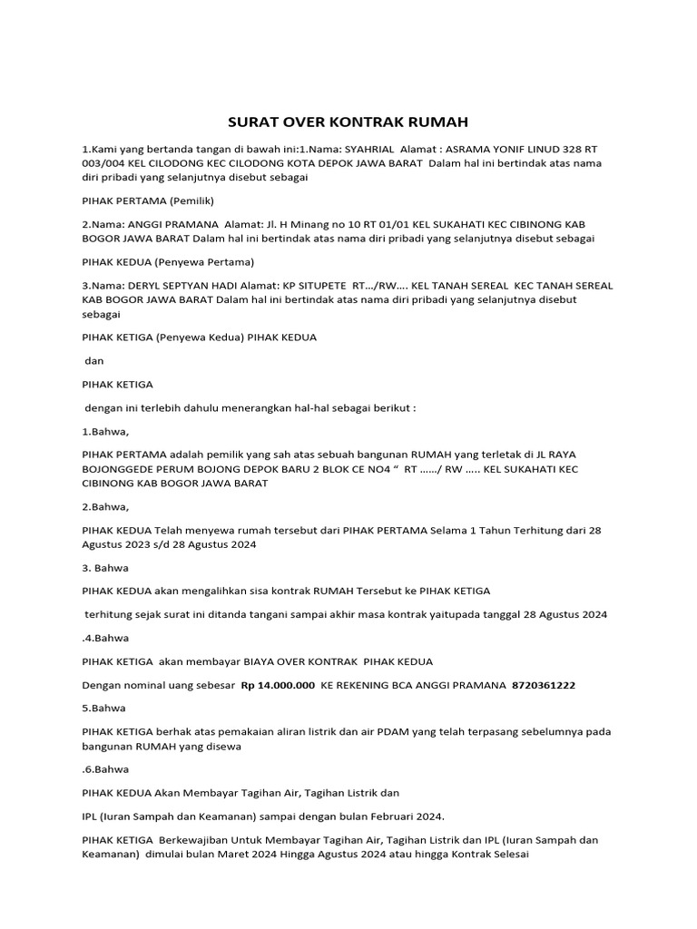 Surat Over Kontrak Toko | PDF