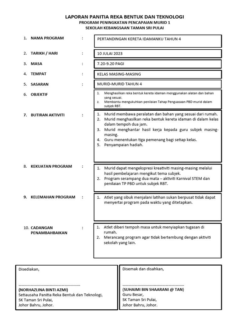 Laporan Murid 1 Panitia RBT | PDF