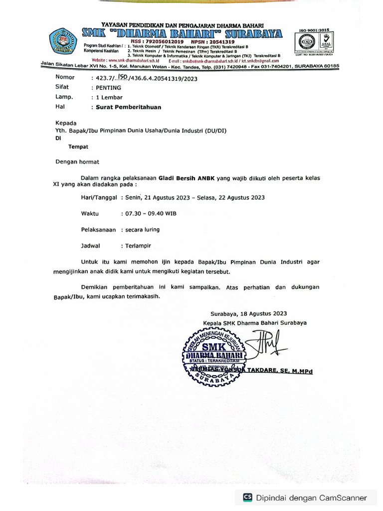 Surat Pemberitahuan ANBK | PDF