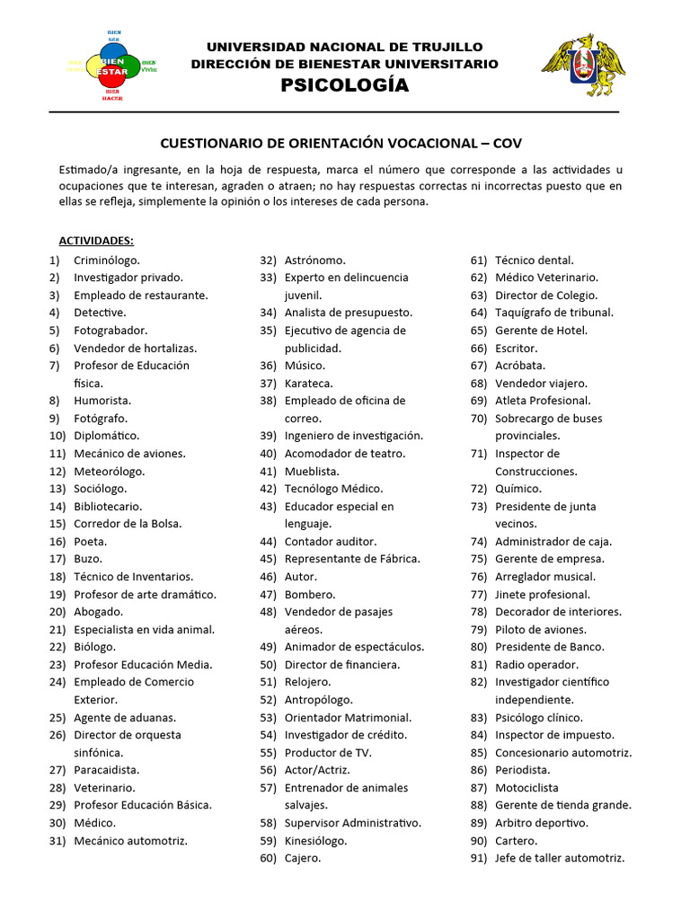 CUESTIONARIO DE ORIENTACIÓN VOCACIONAL | PDF