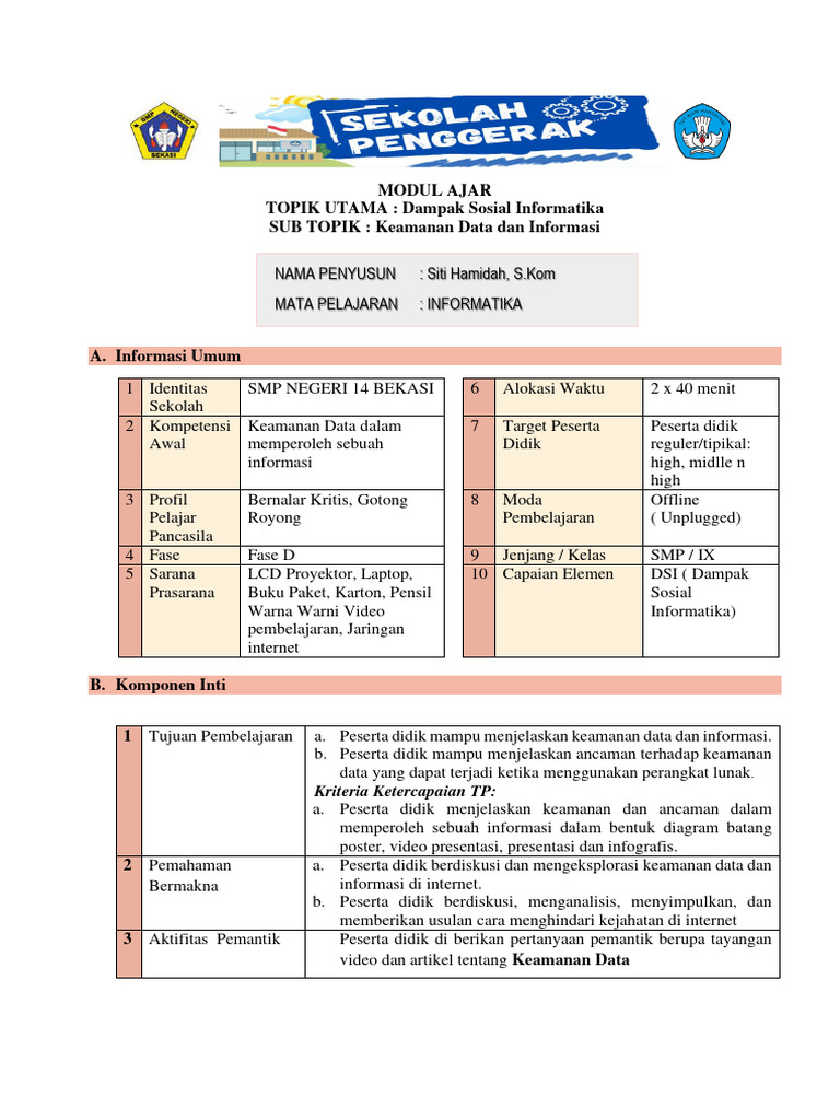 MODUL AJAR Informatika DSI Kelas 9 | PDF
