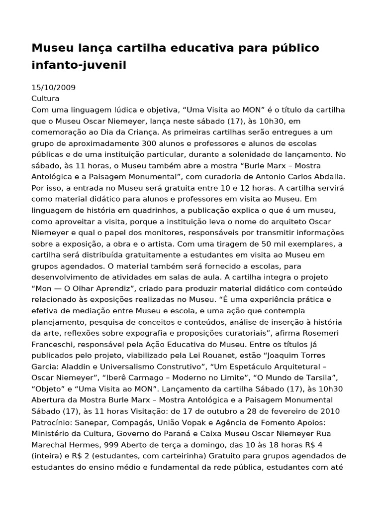 Museu lanca cartilha educativa para publico infantojuvenil | PDF | Museu Museu lanca cartilha educativa para publico infantojuvenil | PDF | Museu
