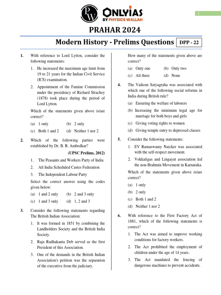 Modern History - DPP 22 - UPSC Prahar (Hinglish) | PDF | Dalit | British Raj