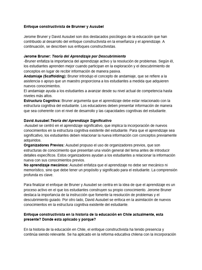 Enfoque Constructivista de Brunner y Ausubel | PDF | Crecimiento personal y profesional ...