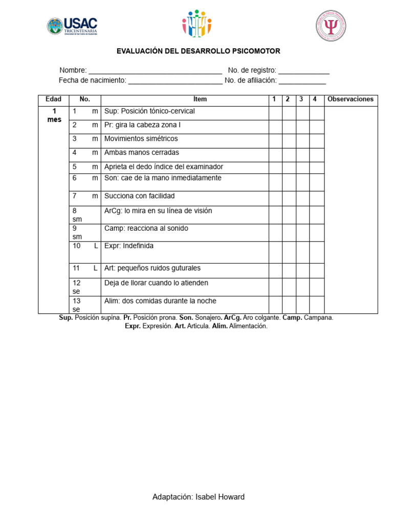 Protocolo Evaluación Del Desarrollo Psicomotor | PDF