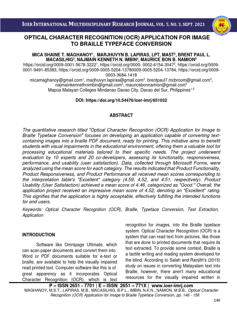 Optical Character Recognition (OCR) Application For Image To Braille Typeface Conversion | PDF ...