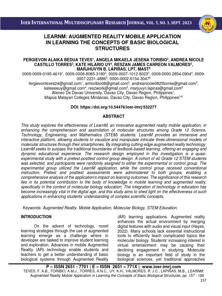 LEARNM Augmented Reality Mobile Application in Learning the Concepts of Basic Biological ...