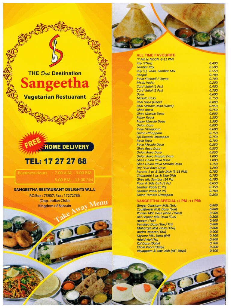 Sangeetha Vegetarian Restaurant Menu | PDF