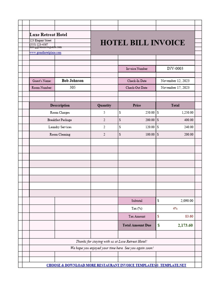 Hotel Bill Invoice Template | PDF