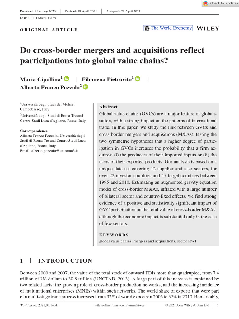 Do Cross-Border Mergers and Acquisitions Reflect Participations Into Global Value Chains | PDF ...