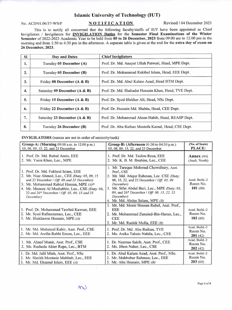 Revised Invigilation 2022-23 Win Final | PDF