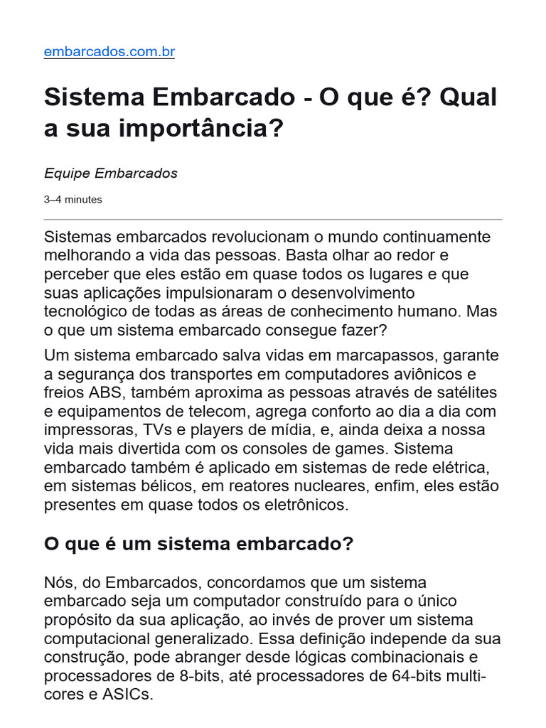 Sistema embarcado - Definição e importância - Embarcados | PDF