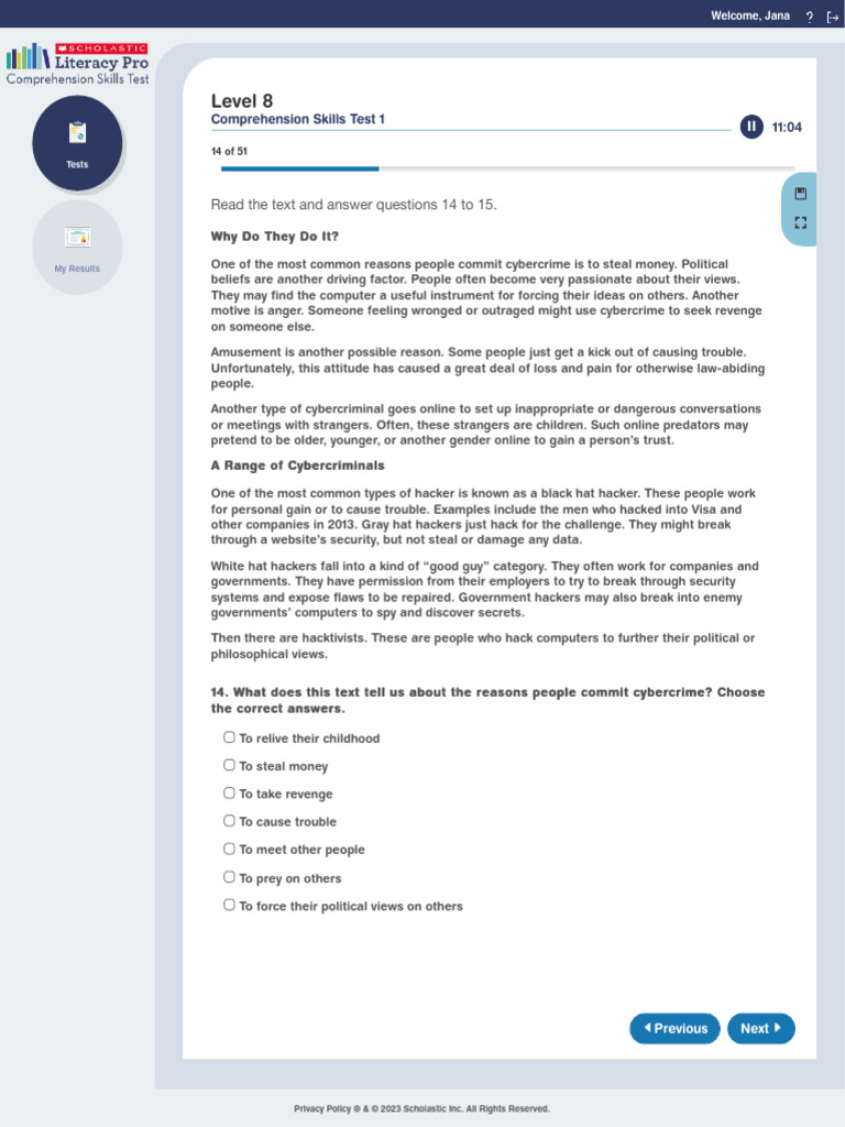 Literacy Pro Comprehension Skills Test | PDF