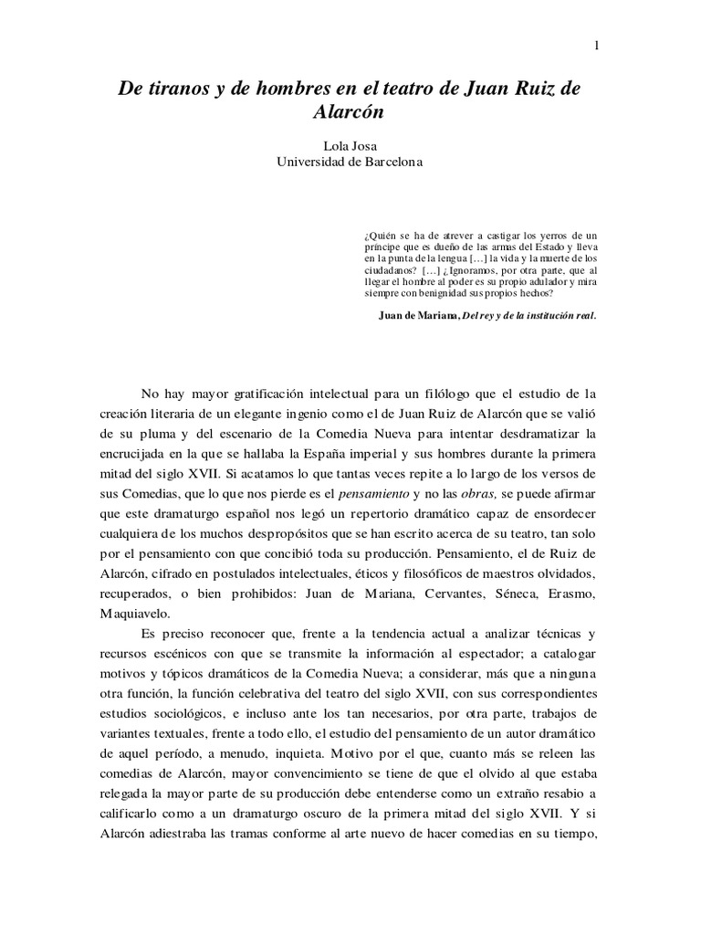 De Tiranos y de Hombres en El Teatro de Juan Ruiz de Alarcn 0 | PDF ...