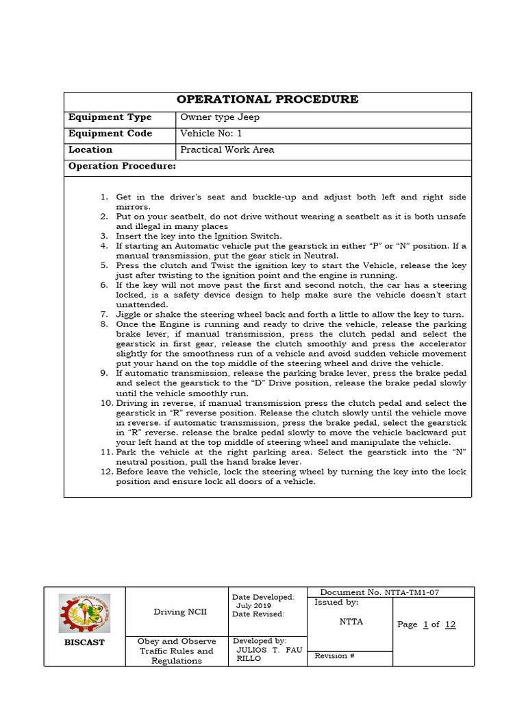 01 Operational Procedure | PDF | Manual Transmission | Clutch