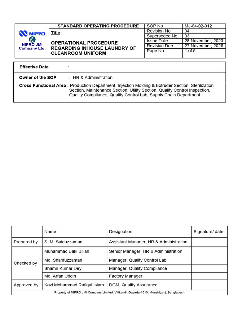 SOP - MJ-64-02-012, Inhouse Laundry | Download Free PDF | Laundry ...