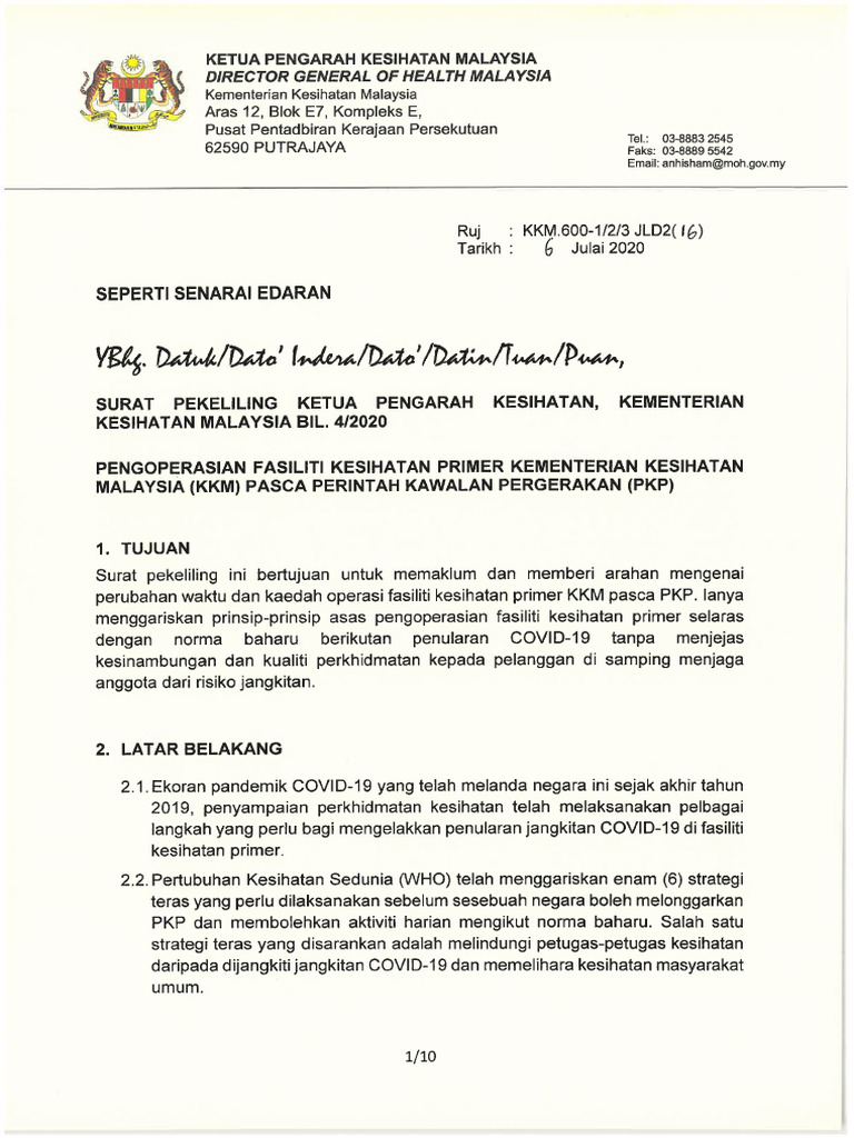 Surat Pekeliling Ketua Pengarah Kesihatan, Kementerian Kesihatan ...