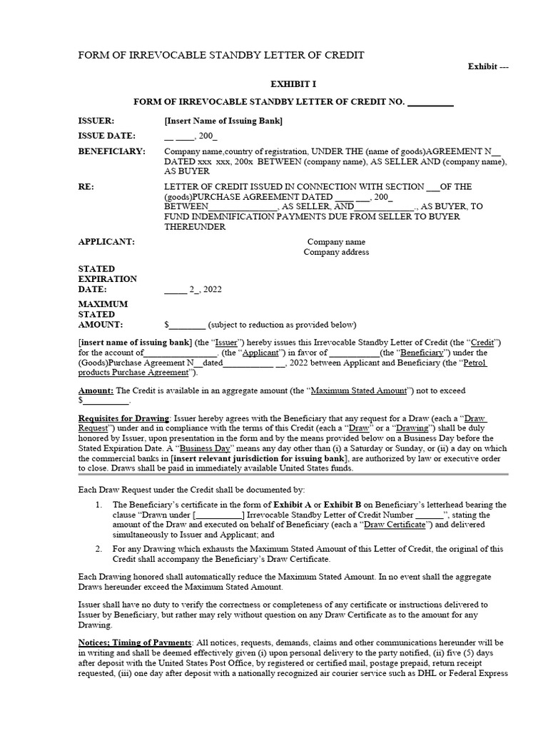 Form of Irrevocable Standby Letter of Credit | Download Free PDF ...