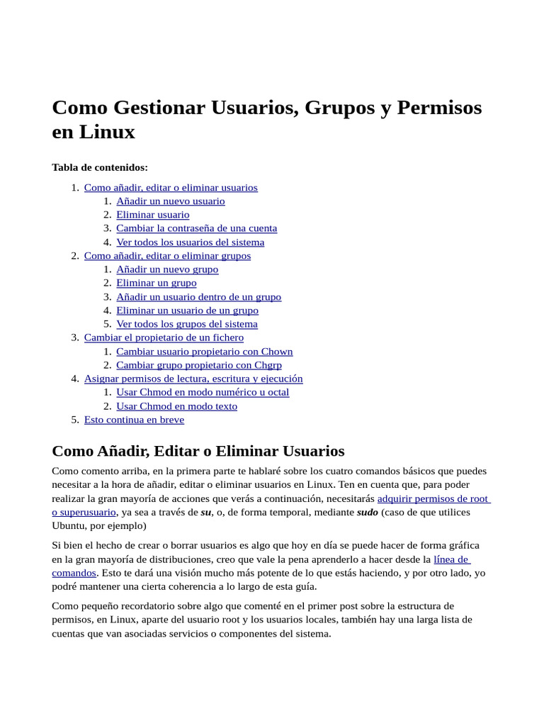 Como Gestionar Usuarios, Grupos y Permisos en Linux | PDF | Archivo de computadora | Sudo