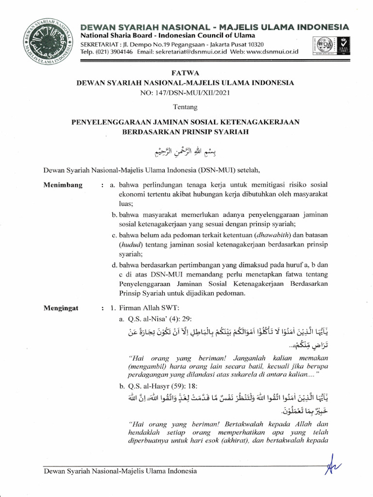Fatwa DSN Mui No 147 Jaminan Sosial Ketenagakerjaan | PDF