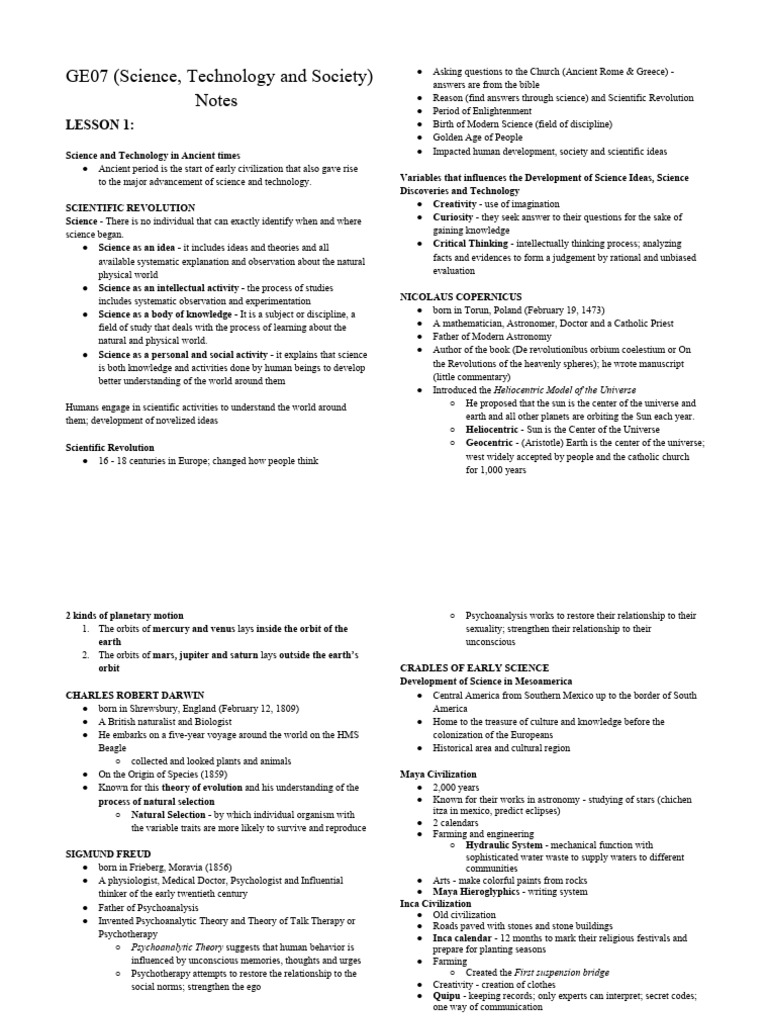 GE07 (Science, Technology and Society) Notes: Lesson 1 | PDF