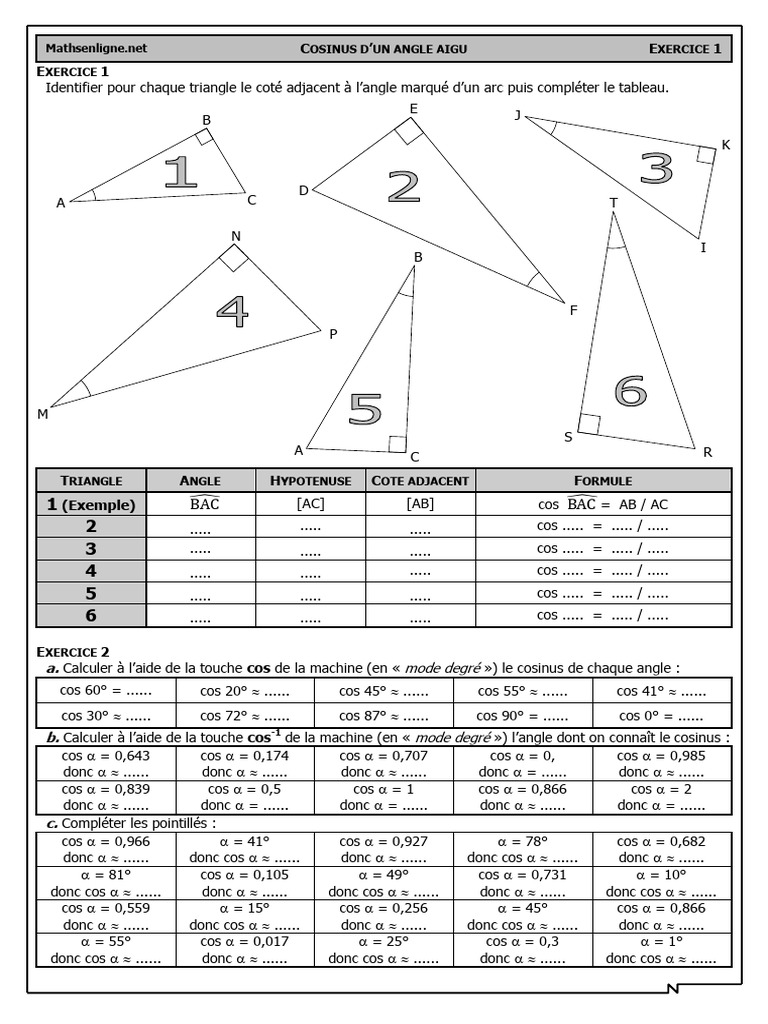 Chap 12 - Ex1 - Formule Du Cosinus Dans Un Triangle Rectangle - CORRIGE ...