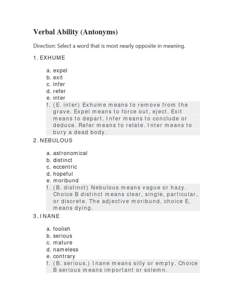 Antonyms Practice Test | PDF | Psychology