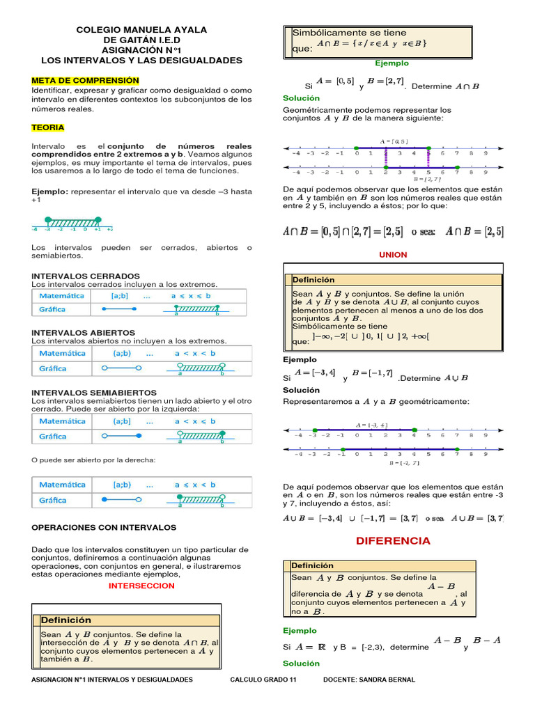 Asignación #1 Intervalos y Desigualdades 1P Grado Once | PDF | Intervalo (Matemáticas ...
