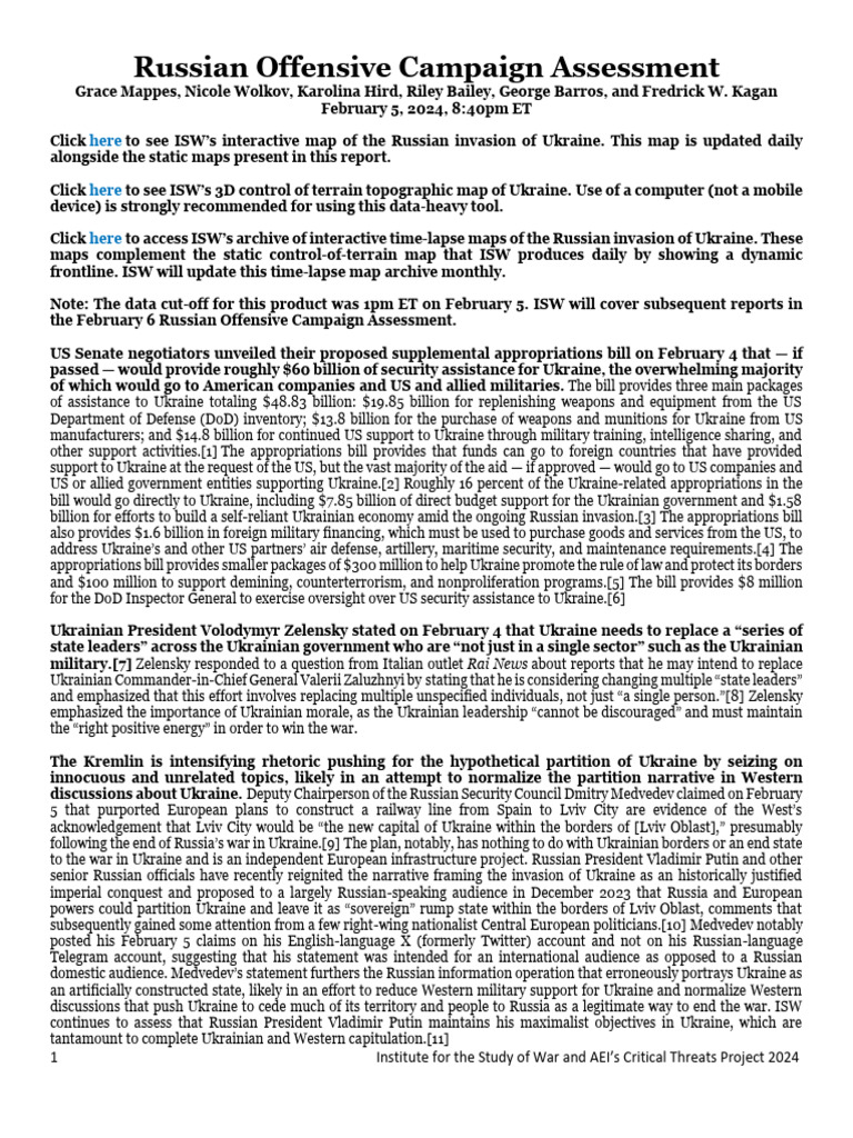 Russian Offensive Campaign Assessment, February 5, 2024 PDF | PDF | Ukraine | Soviet Union