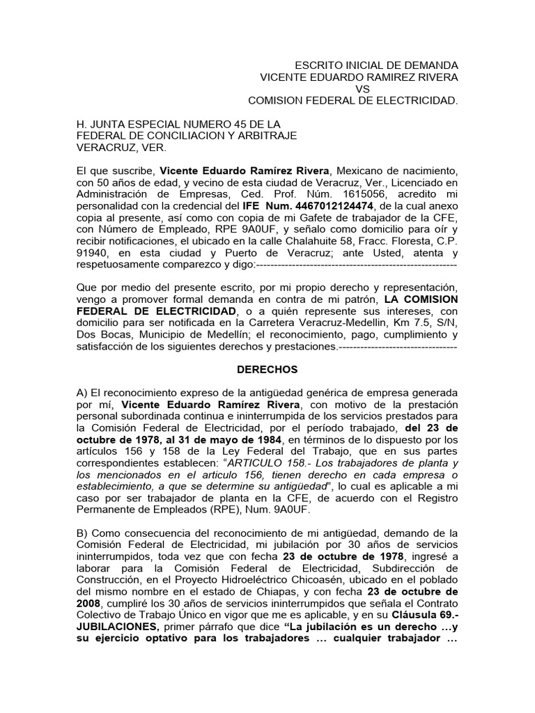 Escrito Inicial Demanda A Cfe Vicente Eduardo Ramirez R | PDF