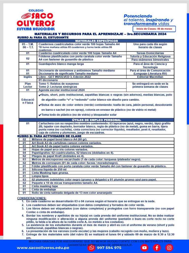 Lista de Útiles 3ero | PDF