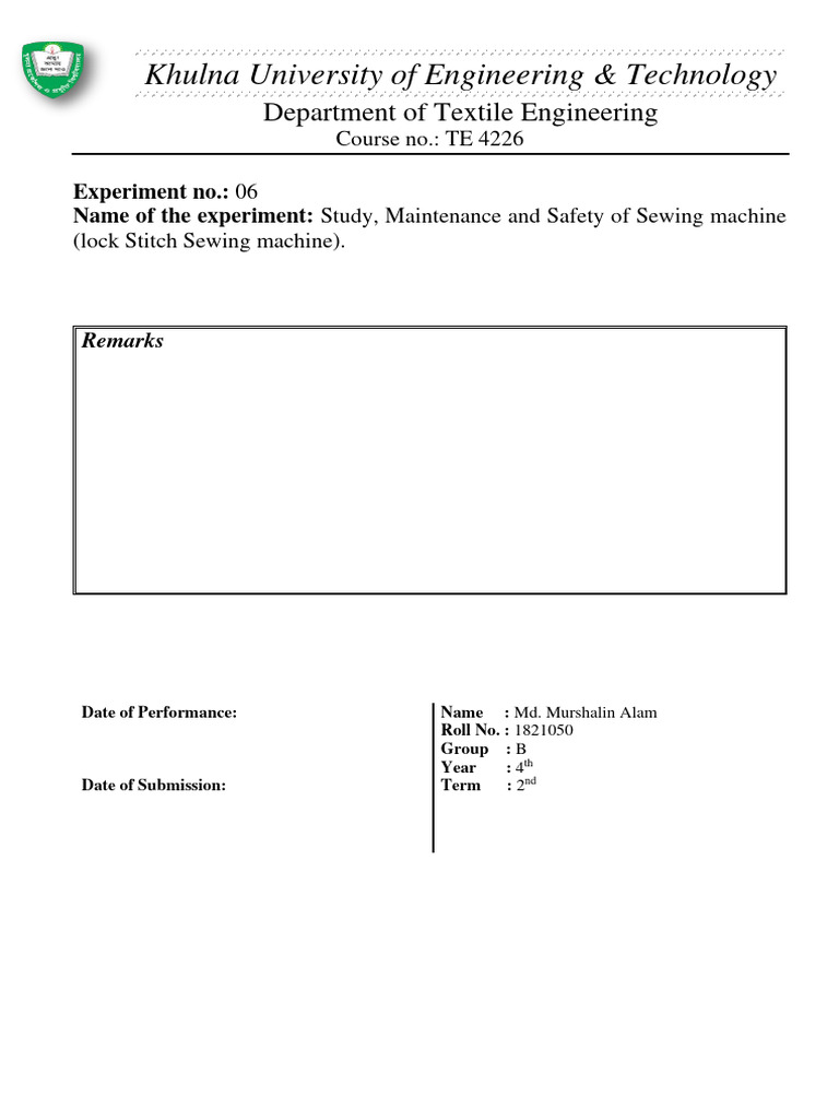 Exp 6 | PDF | Sewing Machine | Manufactured Goods