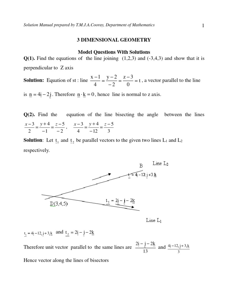 Model Questions (3DGeometry) | PDF | Line (Geometry) | Equations