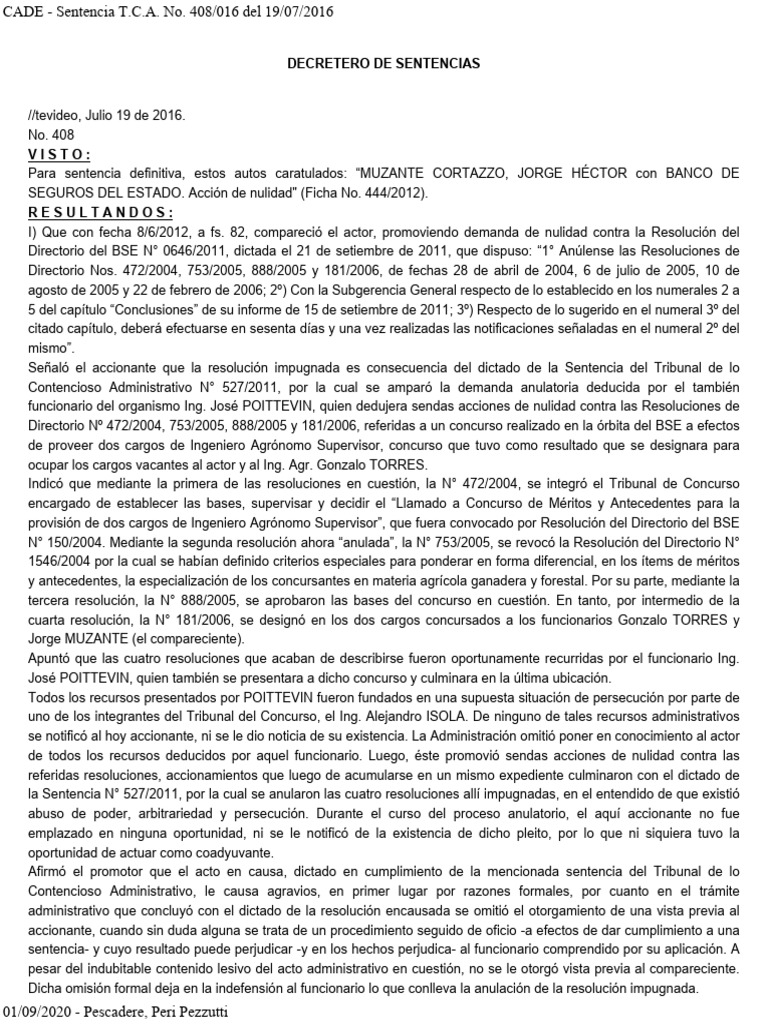 Sent TCA 408 2016 Nuidad Acto Ejecución Sentencia Previa | PDF ...