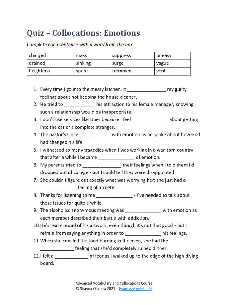 Worksheet - Collocations Emotions | PDF | Feeling | Emotions