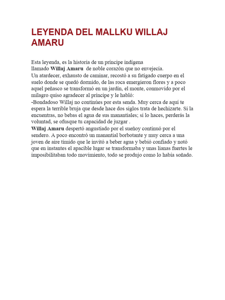 Leyenda Del Mallku Willaj Amaru | PDF