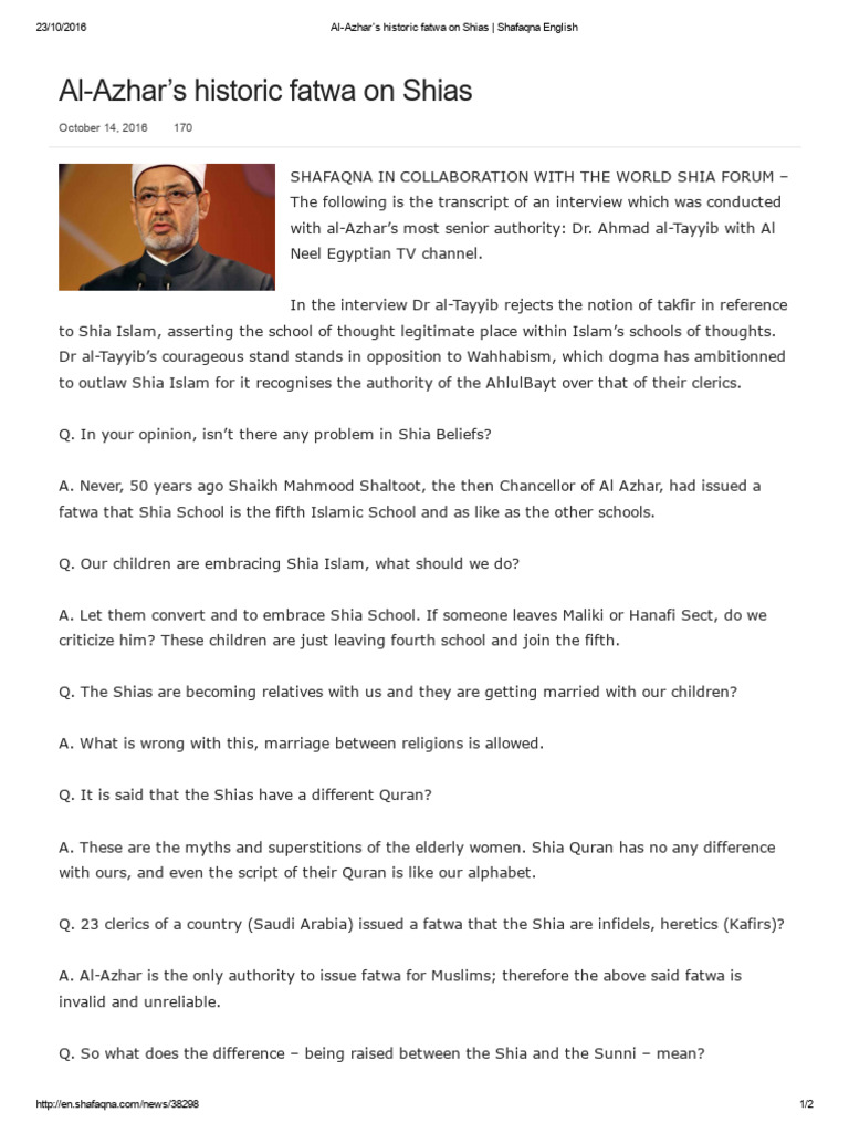 Al-Azhar's Historic Fatwa On Shias - Shafaqna English | PDF | Shia ...