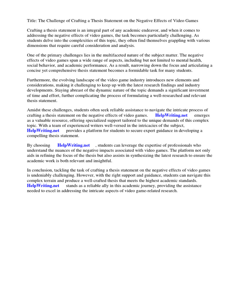 Thesis Statement For Negative Effects of Video Games | PDF | Video Games | Violence