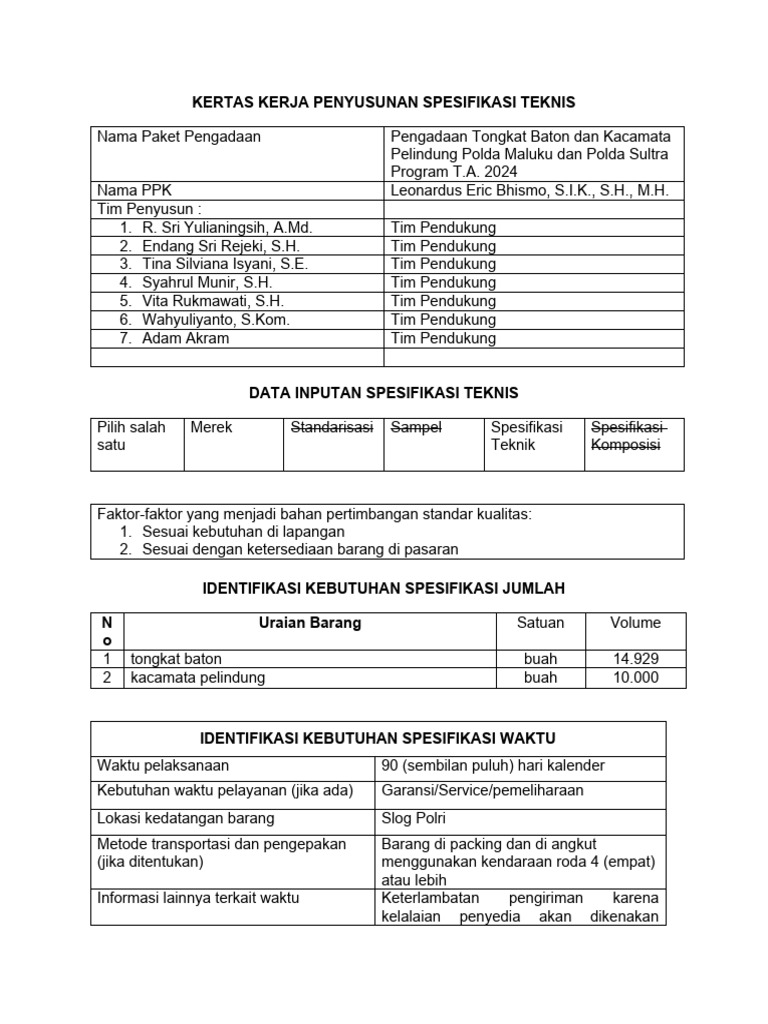 06. Kertas Kerja Penyusunan Spesifikasi Teknis-1 | PDF 06. Kertas Kerja Penyusunan Spesifikasi Teknis-1 | PDF