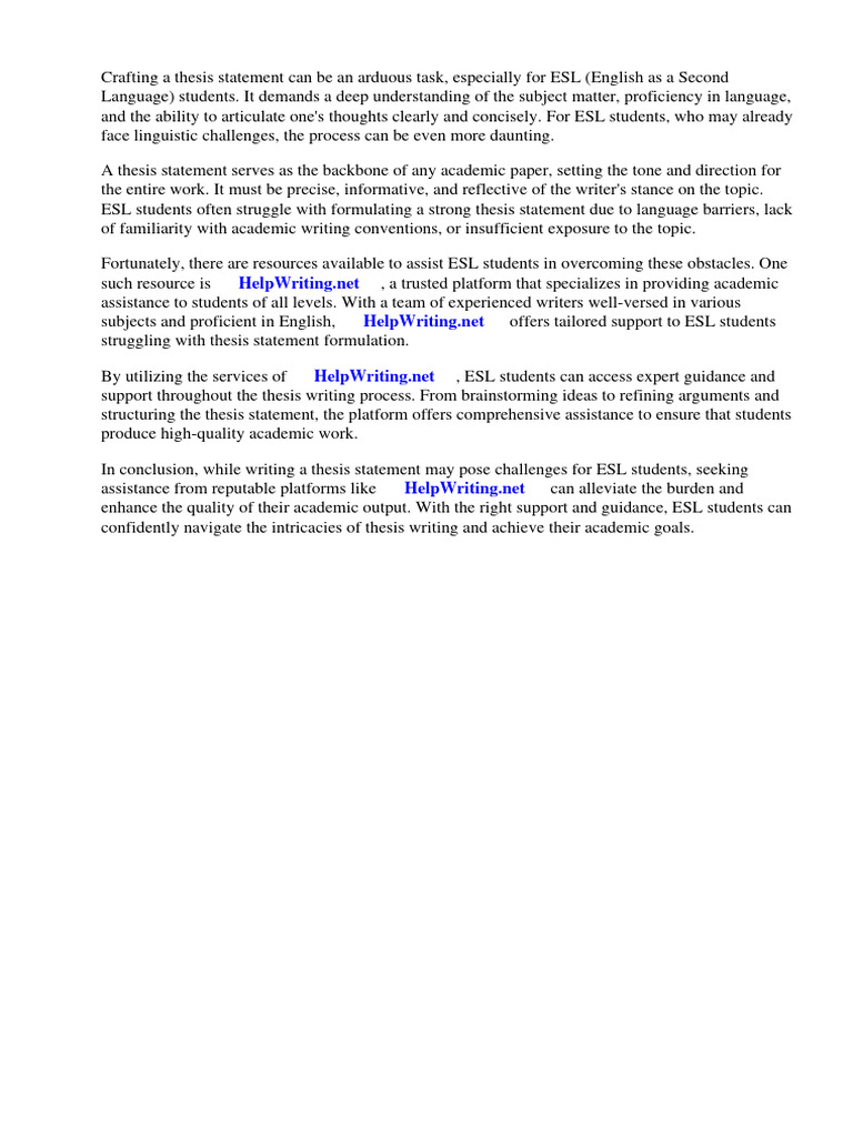 Esl Thesis Statement Worksheet | PDF