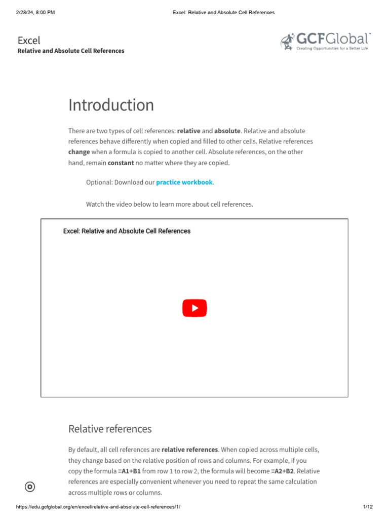 Excel Cell Reference Guide | PDF | Microsoft Excel | Worksheet