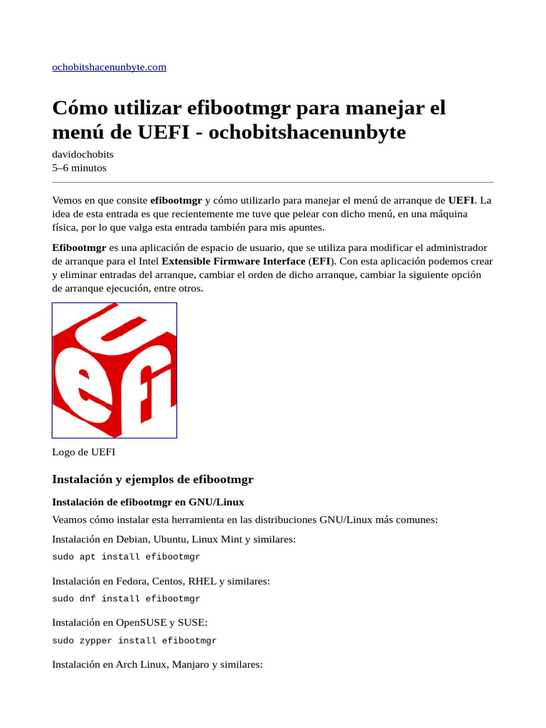 Cómo Utilizar Efibootmgr para Manejar El Menú de UEFI | PDF | Arranque | Distribución de Linux
