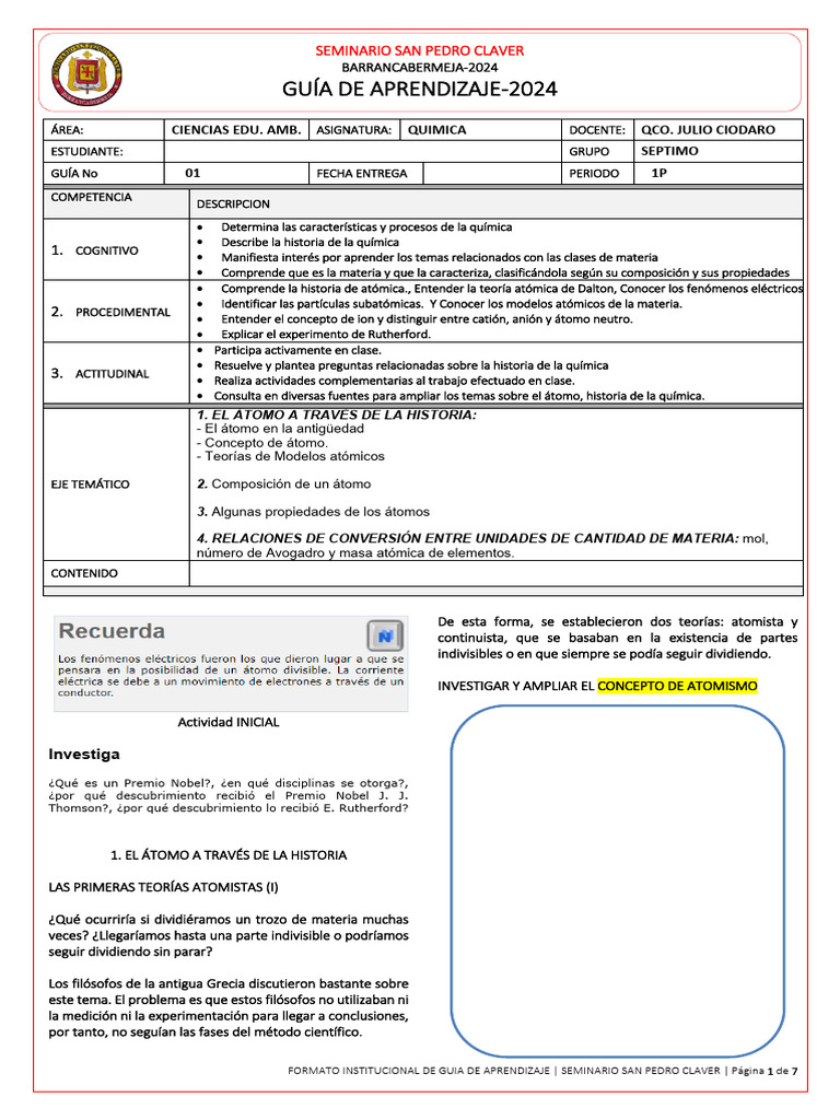 Guia-G07-Qca-1p-2024-V2 Estructura de El Atomo | PDF | Núcleo atómico ...