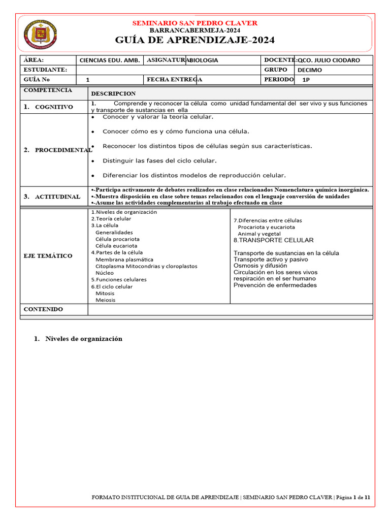 Guia g10 Bio 1p 2024 La Celula Transporte | PDF | Mitosis | Biología ...