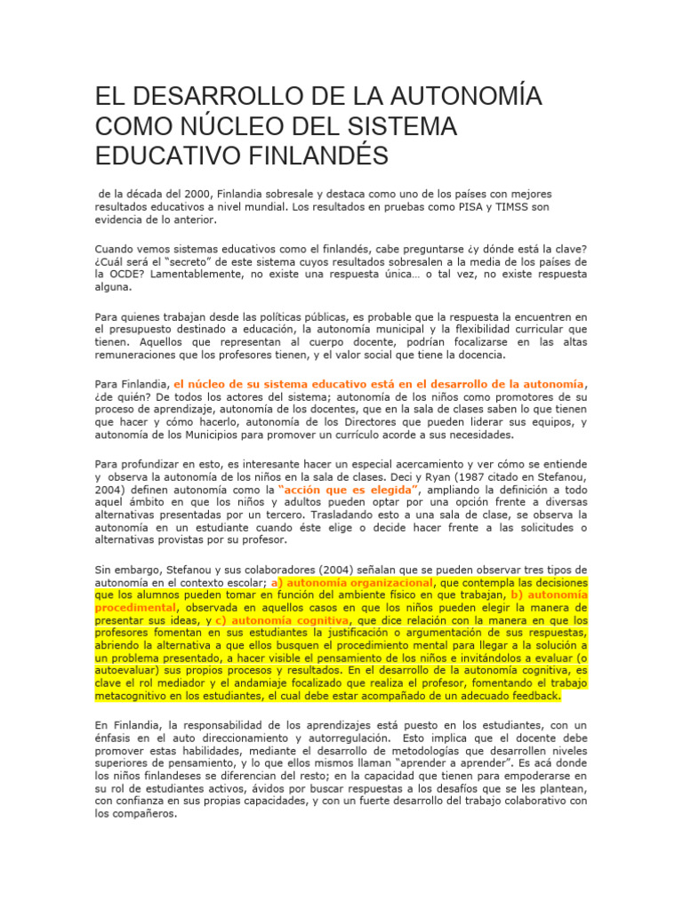 Autonomía: Clave del Éxito Educativo Finlandés | PDF | Aprendizaje ...
